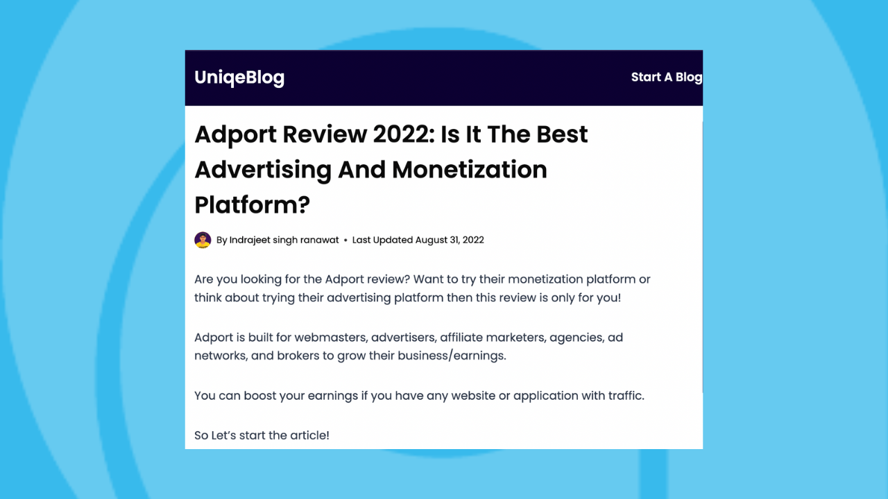 Adport gets reviewed by UniqeBlogs